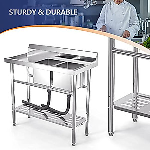 VINGLI 39" W 2 Compartment Commercial Sink with Drainboard, Double Basin Sink and A Shelf Underneath, 304 Stainless Steel Table with Sink, Freestanding Utility Sink and Countertop for Restaurant, Shop