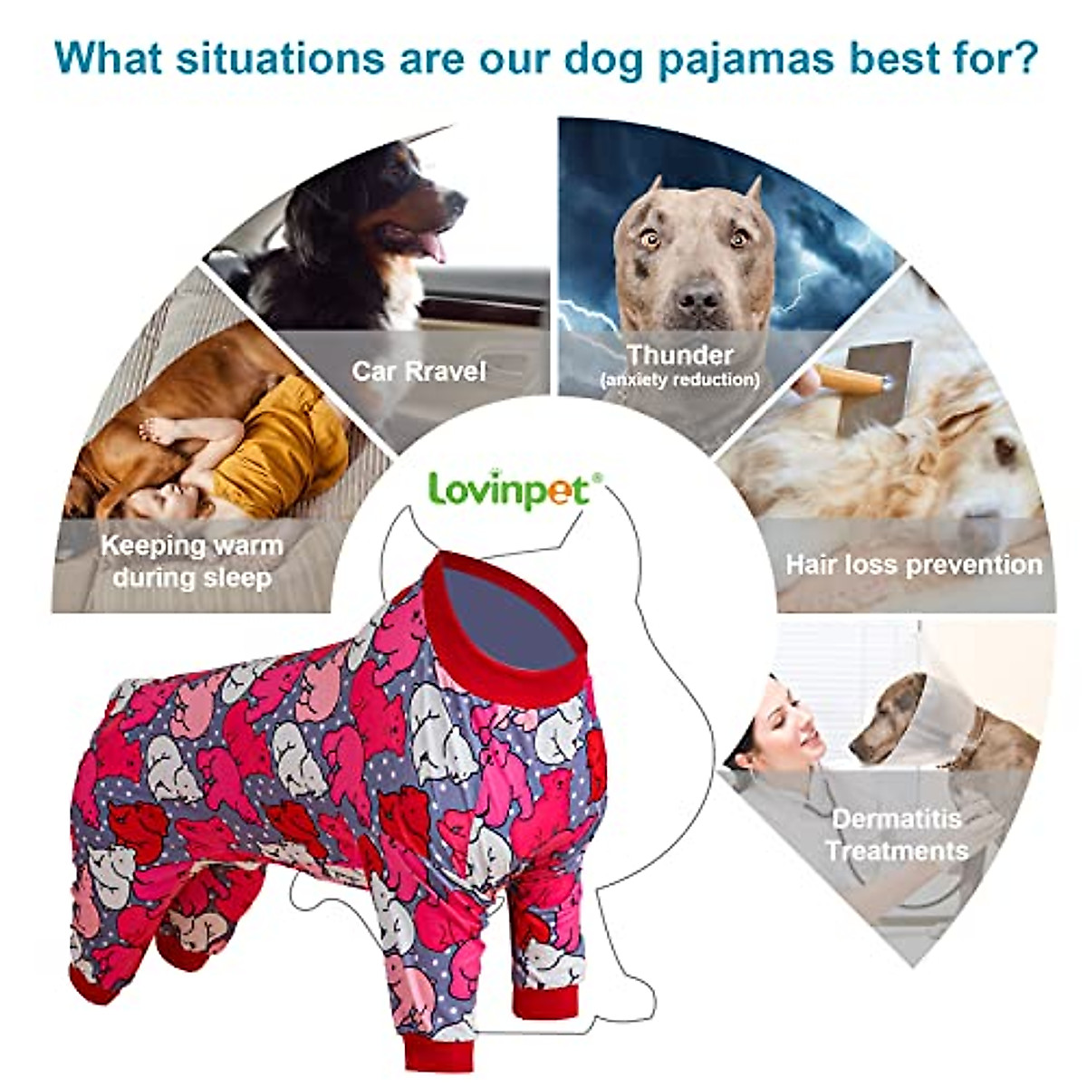 LovinPet Clothes for Big Dogs - Anxiety Relief Shirt, Dog Sun Protection, Post Surgery Recovery Pajamas for Dogs, Comfy Stretchy Fabric, Polar Fleece Polka Dot Bear Pink Print, Large Dog Pjs,Red M