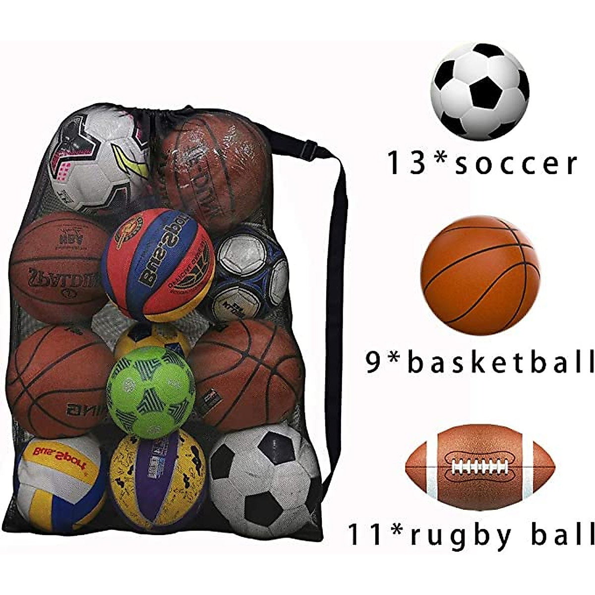 Heavy Duty Sports Ball Bag,Drawstring Mesh Ball Bags Extra Large Soccer Ball Bag Work for Coach, Basketball,Football, Volleyball,BaseBall and Swimming Gears with Adjustable Strap (Black)