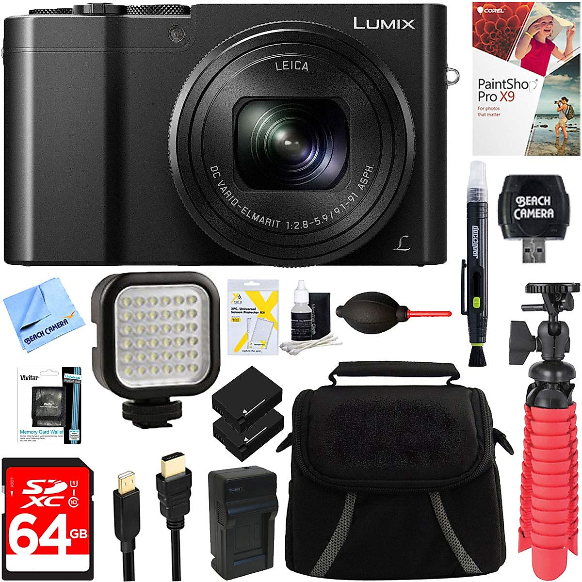 Panasonic LUMIX DMC-ZS100K 20 MP Digital Camera (Black) + 64GB Dual Battery Deluxe Accessory Bundle