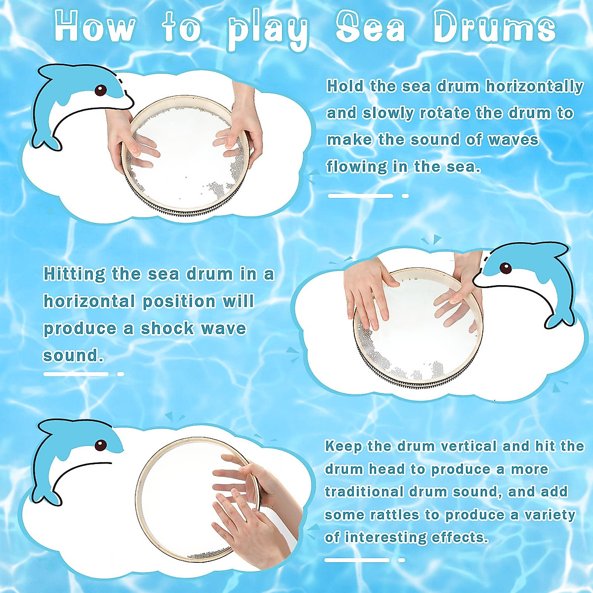 Sea Drum, 3 Pieces Wave Bead Sea Sound Drum with Hardwood Shell Musical Instrument Percussion for Home School Supplies, Natural Color, 8 Inch, 10 Inch, 12 Inch