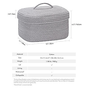 Sea Team Oval Cotton Rope Storage Basket with Lid, Lidded Woven Storage Bin, Nursery Storage Container, Diaper Caddy, Baby Shower Basket, Box, Organizer, 15 x 11 x 6.5 Inches (Medium, Grey)