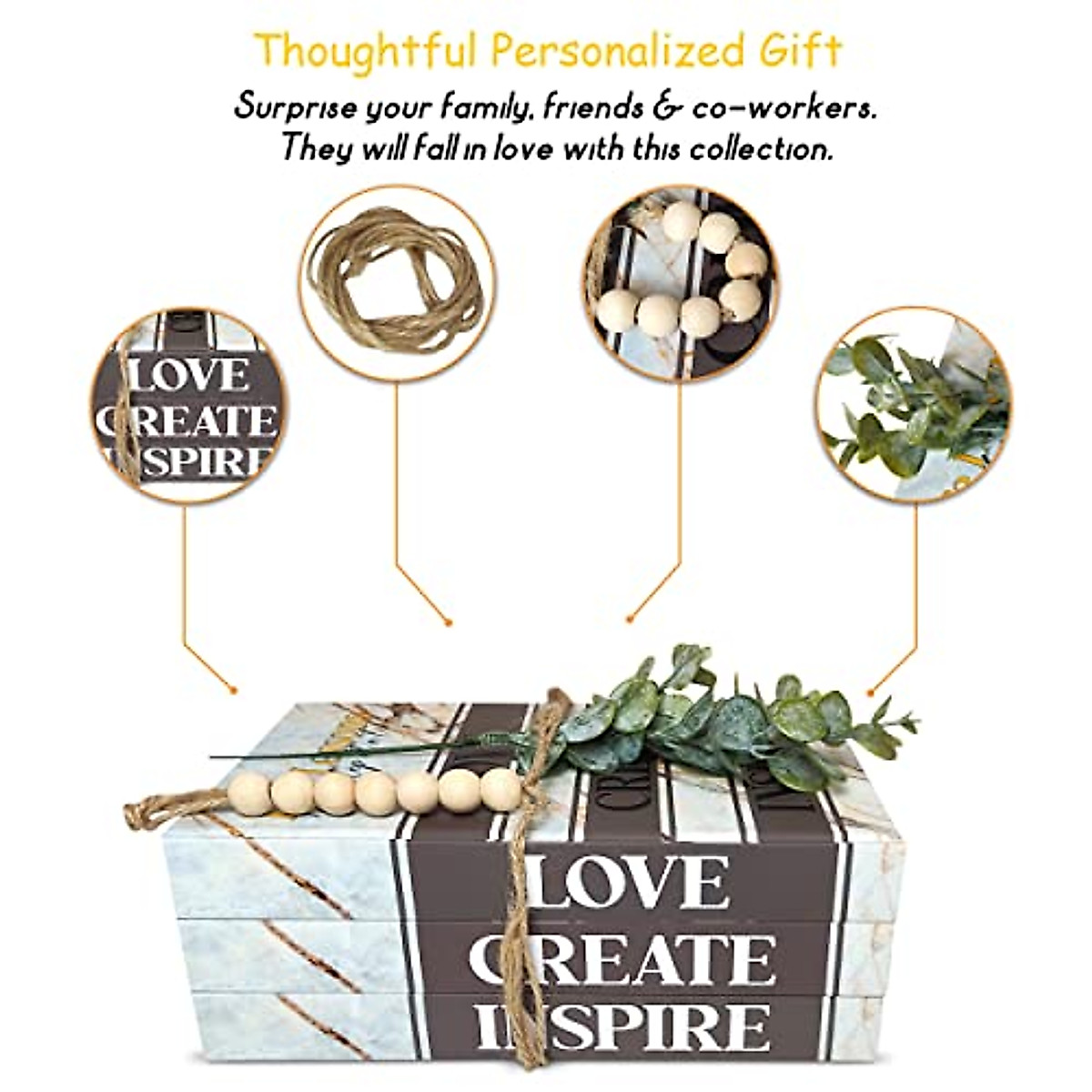 ZOKAEL Decorative Book Decor - Set Includes 3 Hard Cover Books with Love Create Inspire Quote, Decorated with Twine and Beads and A Faux Leaf. A Great Gift Idea