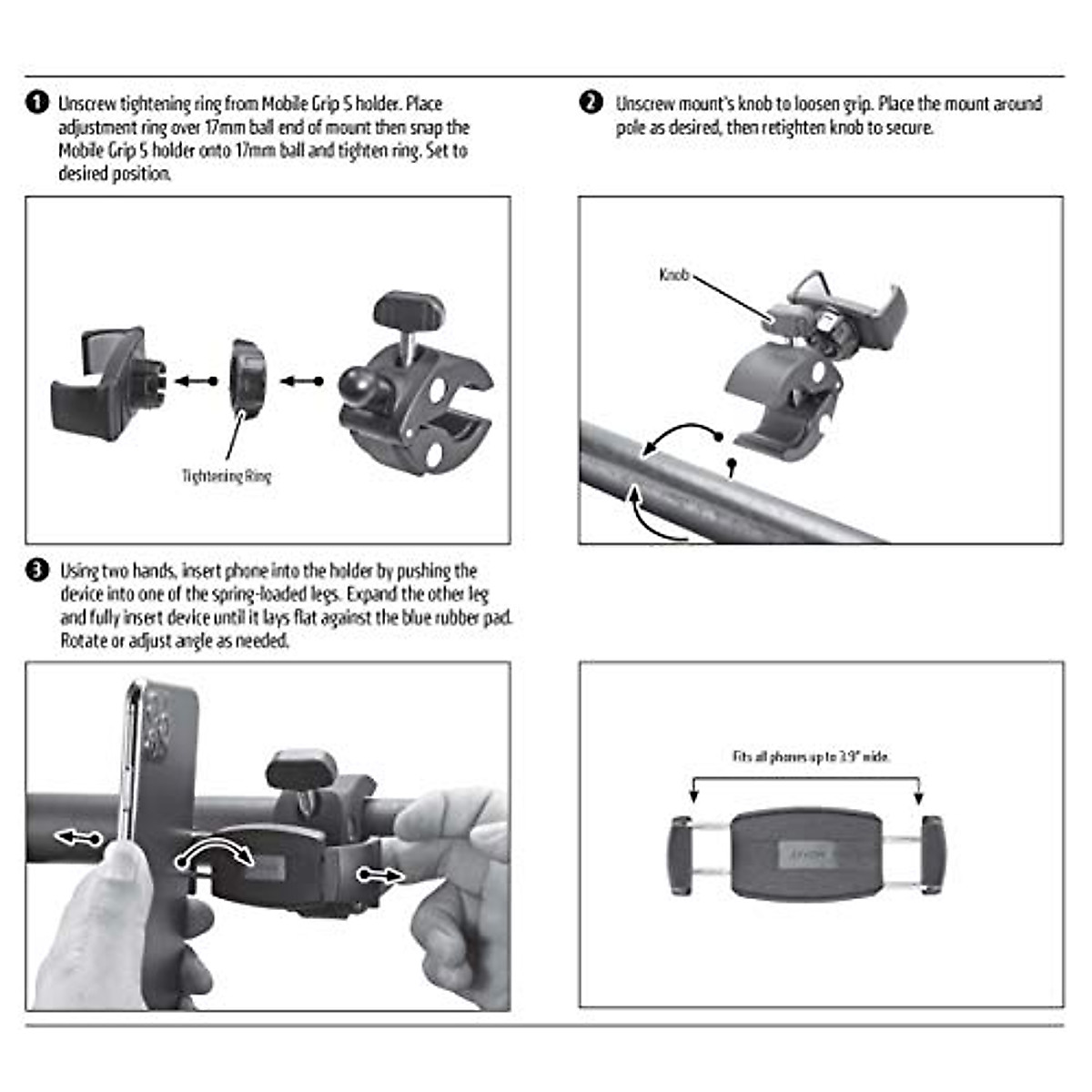 ARKON Mobile Grip 5 Phone Clamp Post Mount for iPhone 11 XS XR X Galaxy S20 S10 S9 Retail Black, MG531