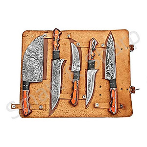 Custom Handmade Damascus Chef Knives Set/Kitchen Knives 5 Pieces Set SS-17211 (Orange and Black Color Wood)