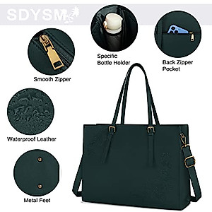 Laptop Bag for Women 15.6 Inch Laptop Tote Bag Leather Waterproof Work Bags Professional Business Office Computer Briefcase Large Capacity Shoulder Bag Dark Green