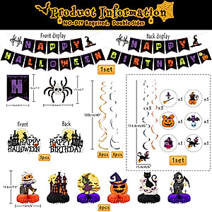 Halloween Birthday Party Decorations Halloween Decorations Banner Indoor, Halloween Honeycomb Table Centerpieces with Hanging Swirls and Cake Topper,Halloween Birthday Decorations for Home(49Pcs)