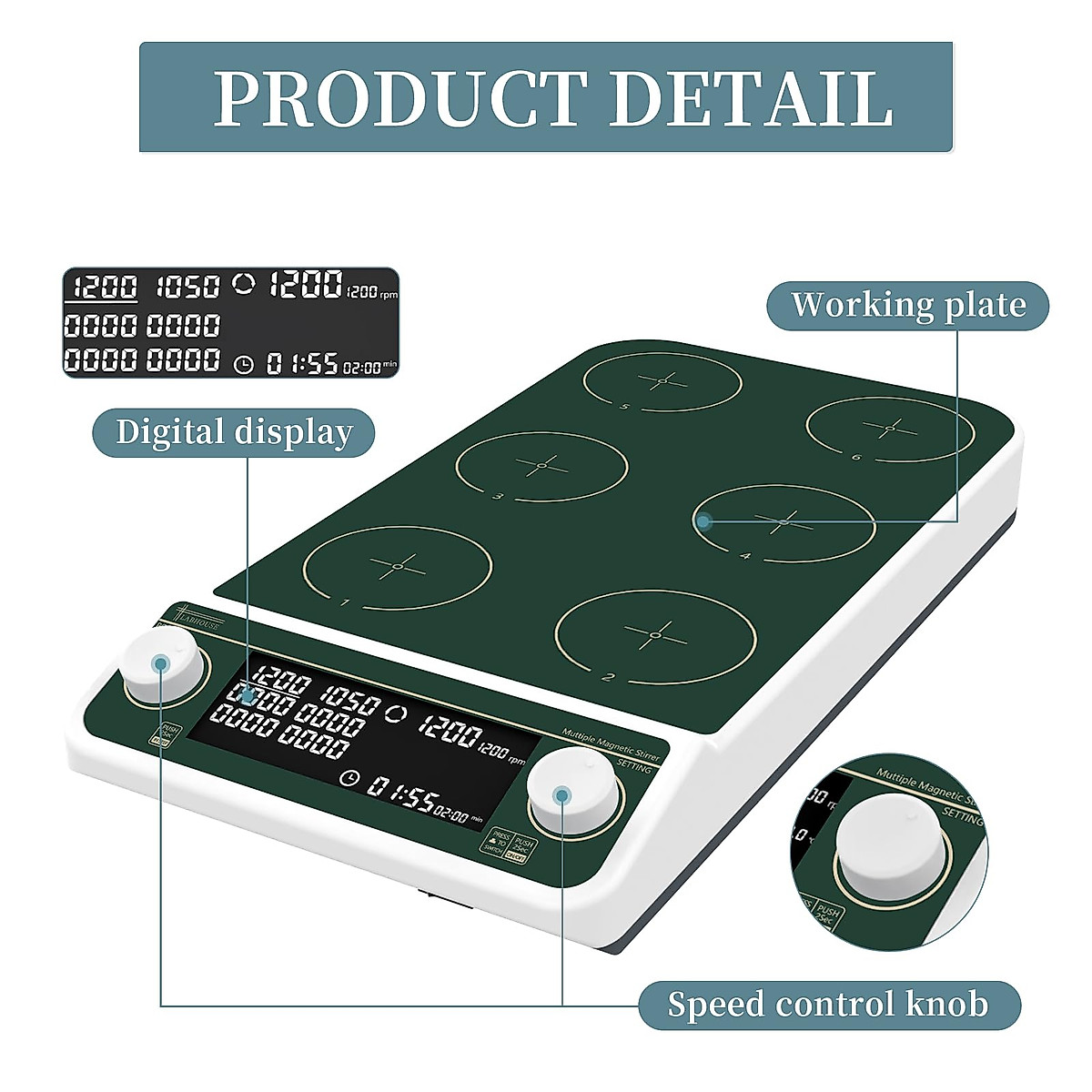 LABHOUSE Lab Multi Place Magnetic Stirrer 6-Position Magnetic Stir Plate 50-1500RPM Synchronization & Asynchronous Speed & Timing Control