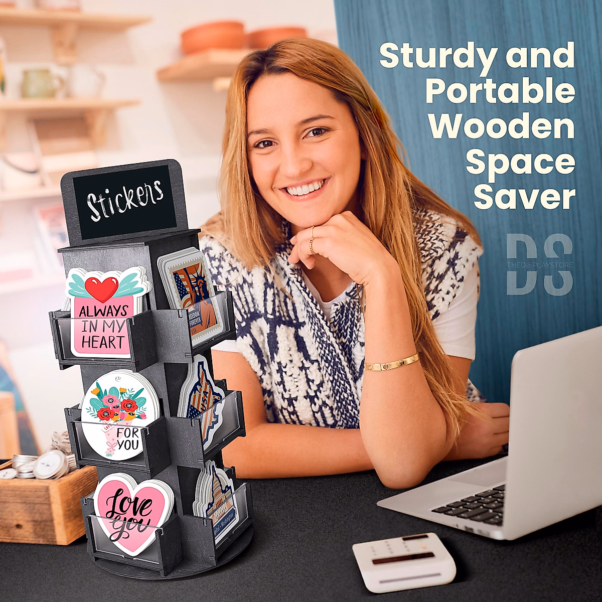 DS THE DISPLAY STORE 3 Tier Rotating Sticker Display Stand for Vendors, Black Wooden Countertop Organizer Shelf for Coasters, Retail, Showcase, Tradeshow