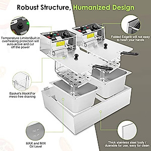 Hopekings Deep Fryer, 20.7QT Commercial Deep Fryer with 2 x 6.35QT Baskets Stainless Steel Countertop Oil Fryer with Temperature Limiter and Over Current Protection for Home Kitchen and Restaurant