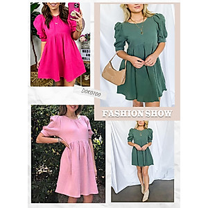 Dokotoo Womens Ladies Summer Sun Dress Spring Tunic Dress Round Neck Lantern Solid Color Short Sleeve High Waist Pocketed Mini Short Shift Dress for Party Gray Large