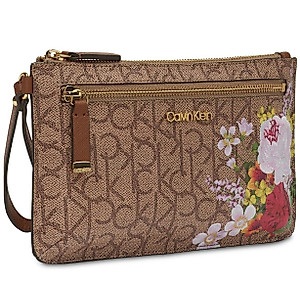 Calvin Klein CK Logo Floral Embroidered Phone Wristlet Walllet Clutch Bag