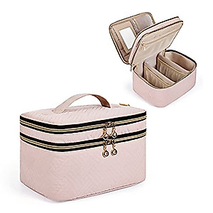 BAGSMART Makeup Bag, Double-Layer Makeup Case with Acrylic Mirror Cosmetic Organizer Bag Train Case for Makeup Brushes Palettes Sponge Toiletries, Pink