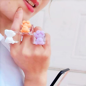 2/6Pcs Cute Candy Color Resin Tiny Gummy Bear Ring Sweet Resin Acrylic Heart Ring Set for Women Party Birthday Jewelry Gifts (E 8Pcs)