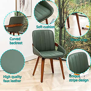 YOUUGIOR Mid Century Modern Faux Leather Upholstered Dining Chairs Set of 2,Armless Accent Chairs with Sturdy Natural Wood Legs,Bamboo Backrest Support for Kitchen&Dining Room Chairs(Green PU)
