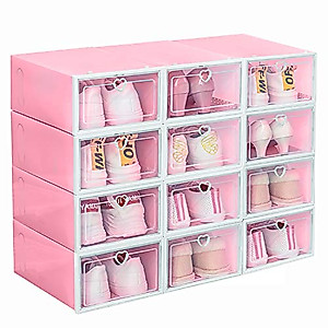 12 Pack Stackable Shoe Boxes Plastic Storage Bins, Sneaker Container with Clear Lids, Closet Organizer by Hommtina (Pink)