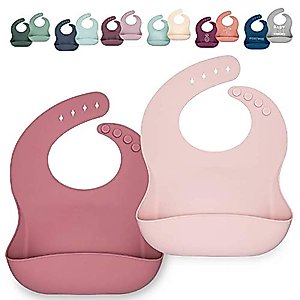 AVA + OLIVER Waterproof Silicone Bib Set with Adjustable Neck Closure - Durable Silicone Bibs for Babies - Set of 2 (Dusty Rose)