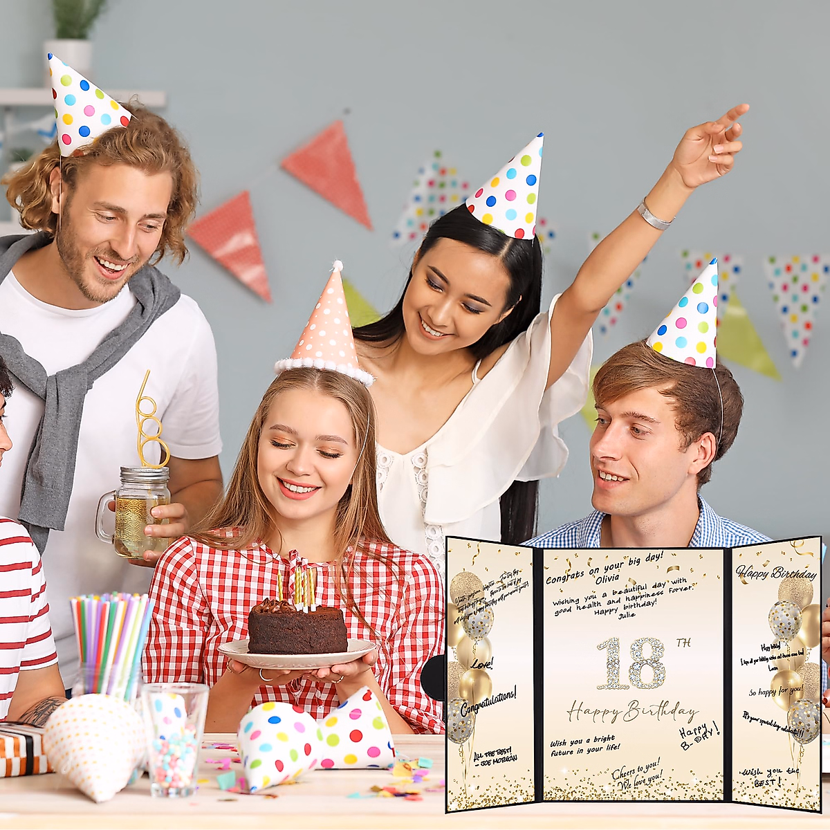 DARUNAXY Black Gold 18th Birthday Party Decorations, Happy 18th Birthday Alternative Signature Guest Book for Boys & Girls Cheers to 18 Years Old Gifts 18 Birthday Signing Card Board Party Supplies