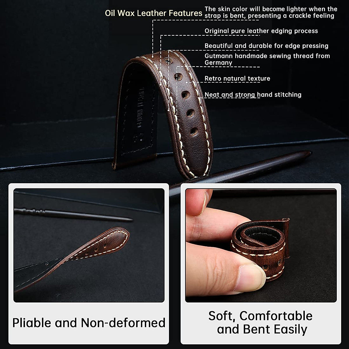 REZERO Watch Band, Vintage Oil Wax Leather Watch Straps 18mm 19mm 20mm 21mm 22mm 23mm 24mm 26mm Watch Belt for Men Women