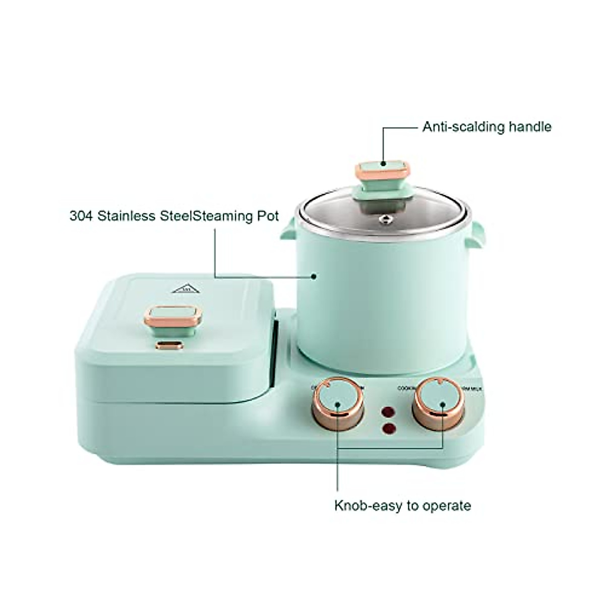 3 in1 Breakfast Station with Boiling Pot, Multi-Function Electric Home Mini Toaster Sandwich Maker with Easy Frying Pan and Food Steamer