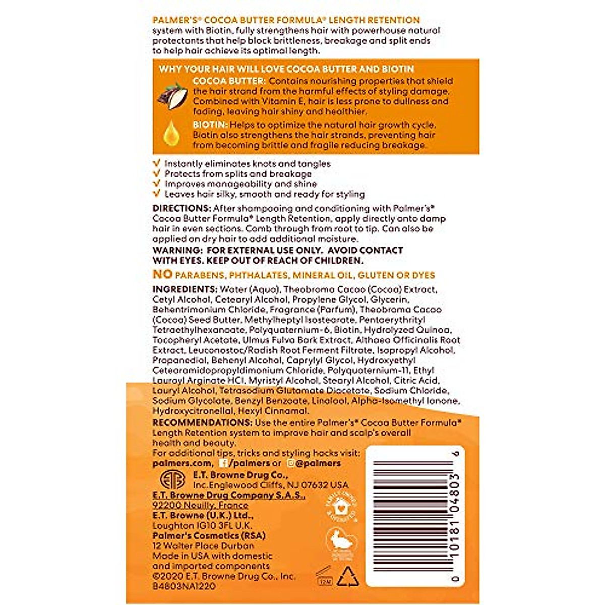 Palmer's Cocoa Butter & Biotin Length Retention Leave-In Conditioner, Instant Detangler, Soften and Strengthen Textured and Curly Hair, 8.5 Ounce