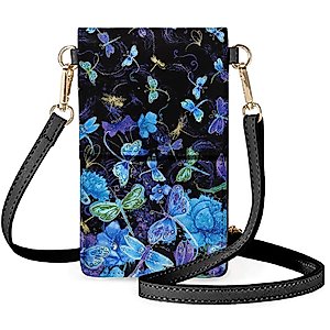 HUGS IDEA Lightweight Leather Phone Purse Fashion Dragonfly Pattern Crossbody Bag Mini Cell Phone Touch Screen Purse Shoulder Bag