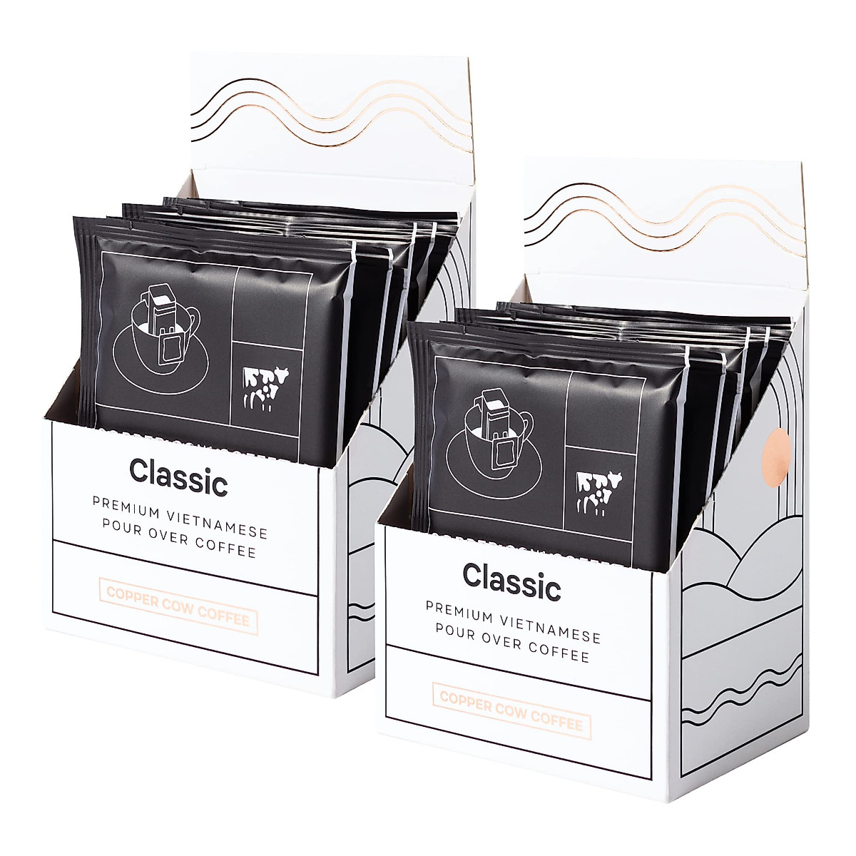 Copper Cow Coffee Premium Vietnamese Coffee: Single-Serve Classic Black Pour Over Coffees, Specialty, Ground, Woman-Owned, Gourmet, Travel, Camping, On-the-Go (includes: 16 classic coffees)