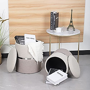 SOFT ASS Modern Linen Storage Ottoman Khaki and Brown Footrest with Silver Stainless Steel Ring Waist for Living Room Bedroom and Entrance (Khaki and Brown, Pack of 2)