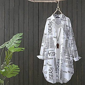 Women's Newspaper Printed Shirts Long Sleeve Button Down Blouses Lapel Oversized Tunic Tops White L