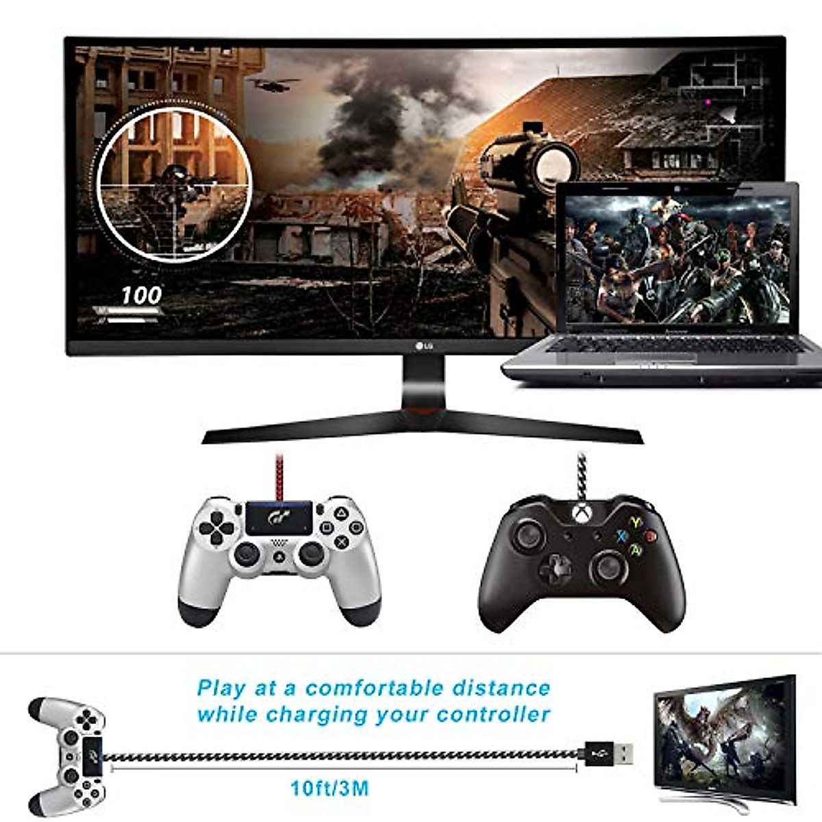 KOOWOD PS4 Controller Charger Charging Cable – 2 Pack 10FT Nylon Braided Micro USB 2.0 High Speed Data Sync Cord for Playstation 4, PS4 Slim/Pro, Xbox One S/X Controller, Android Phones (2 Pack)