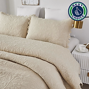 Brandream Beige Quilts Queen King Size Cotton Farmhouse Matelasse Coverlet Scalloped Edge Bedspreads Luxury Quilt Bedding Set 3-Piece 98x106