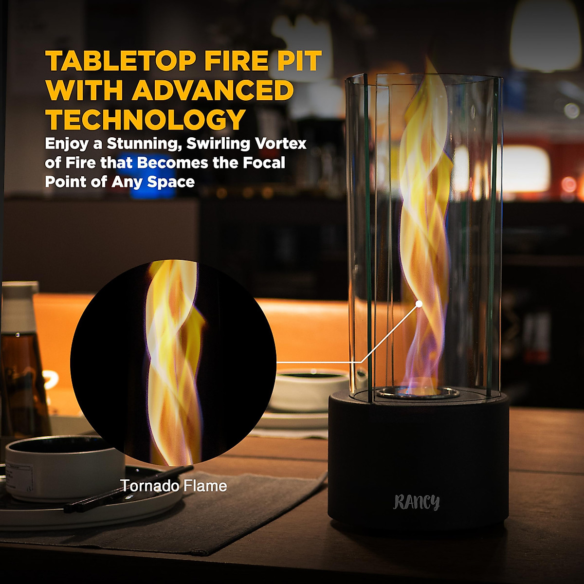 Rancy Tornado Tabletop Firepit – Tornado Flame Tabletop Fire Pit – Stylish Outdoor Indoor Décor – Modern Patio Accessory with Elegant Flame & Swirling Flame Design – Compact & Portable Fireplace