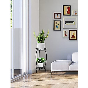 Bextcok 27inch Tall Metal Plant Stand Rustproof Decorative Wrought Iron Flower Pot Rack 2 Tier Supports for Small Double Plants Indoor Outdoor Patio Corner Garden, Black