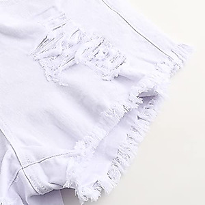 THUNDER STAR Women Mid Rise Ripped Stretchy Jeans Shorts Frayed Raw Hem Casual Denim Shorts White1# L