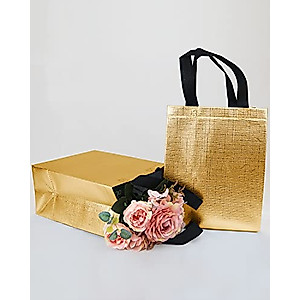HUANN 12 Pcs Gold Gift Bags Medium Size Shine Reusable Gift Bags with Handles Metallic Glossy Non Woven Gift Bags for Wedding Christmas Party Birthday 8 x 5 x 10 Inch