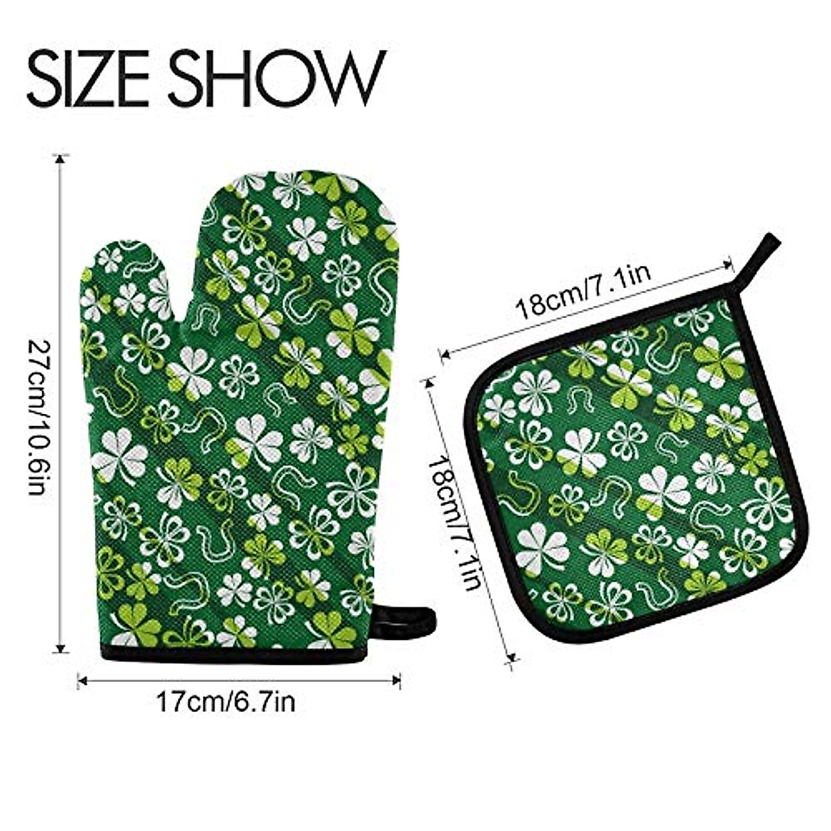 Green Shamrock Horseshoe Oven Mitts Pot Holders Set, St Saint Patricks Day Oven Gloves Potholders 2Pcs Microwave Glove Hot Pad for Baking Cooking Grilling BBQ Kitchen Decor Gifts