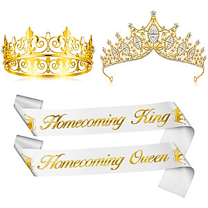 Huquary 4 Pcs Homecoming Prince and Princess Crowns with 2 Prom Court Sashes Satin Sash King Queen Costume Accessories Prom Favors for Graduation Men Women Adult Crown School Party Costume Birthday
