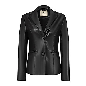Allegra K Women's Faux Leather Blazer Slim Fit Notched Lapel Single-Breasted Office Jacket Coat Medium Black