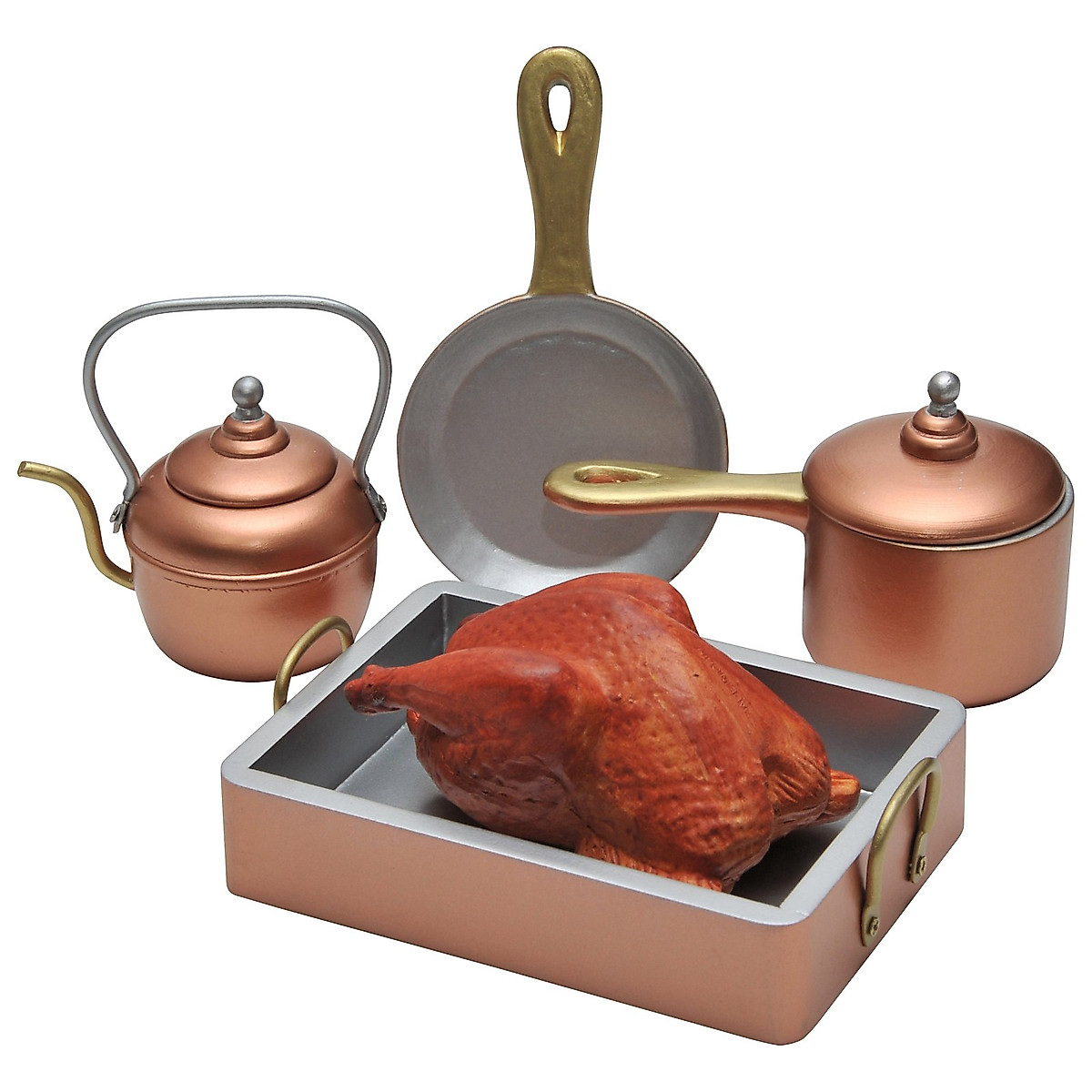 The Queen's Treasures 18 Inch Doll Baking Accessories, 7 Piece Copper Look Kitchen Pots, Pans, Tea Kettle, Plus Roast Chicken, Compatible with American Girl Dolls Kitchens & Furniture