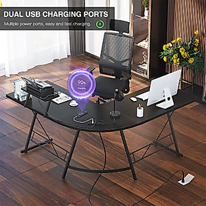 Ecoprsio L-Shaped Desk, Corner Desk with Outlets and USB Ports, Large L Computer Desk with Reversible Monitor Stand, 51 Inch L Shaped Gaming Desk for Gaming Room, Home Office, Workstation, Black