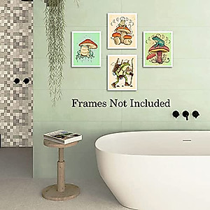 Funny Frog Posters Vintage Frog Mushroom Wall Art Prints, Retro Cute Frog Mushroom Creativity Nature Illustration Canvas Art Prints for Bathroom Bedroom Living Room Decor, Set of 4-(8”x10”, Unframed)