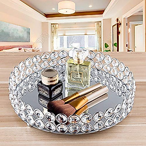 Feyarl Crystal Cosmetic Makeup Tray Jewelry Trinket Tray Organizer Vanity Tray Mirrored Decorative Tray Home Deco Dresser Perfume Skin Care Tray for Christmas Brithday Gift(Round 10" inch) (Silver)