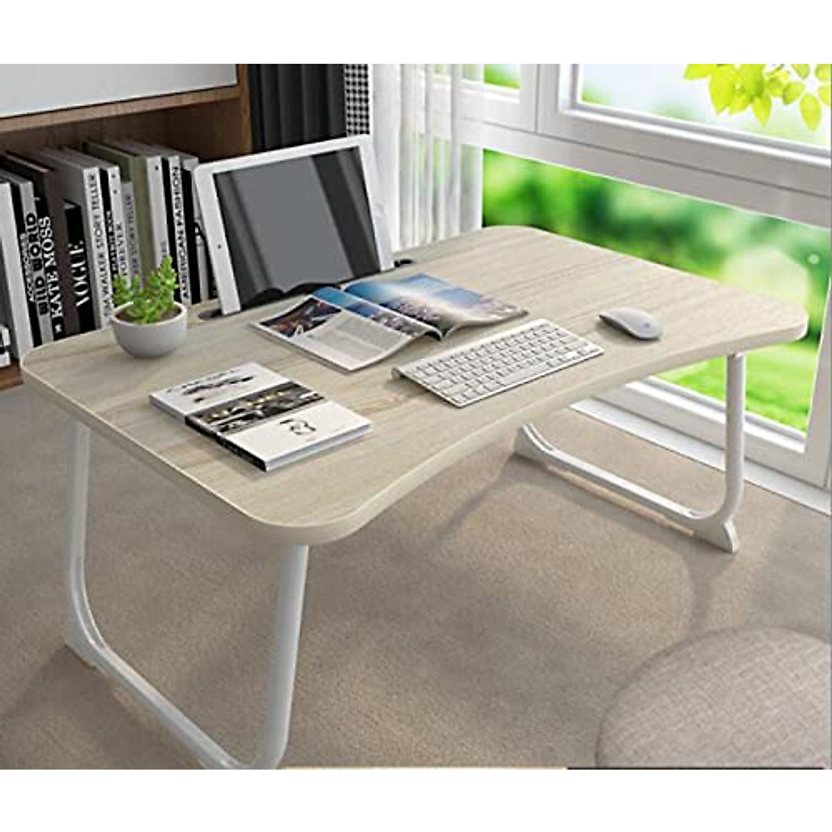 LKBBC Foldable Laptop Desk for Bed, Bed Laptop Table with Storage, Foldable Portable Lap Bed Tray, 23.6 Inch Floor Table for Drawing, Reading and Writing, Maple