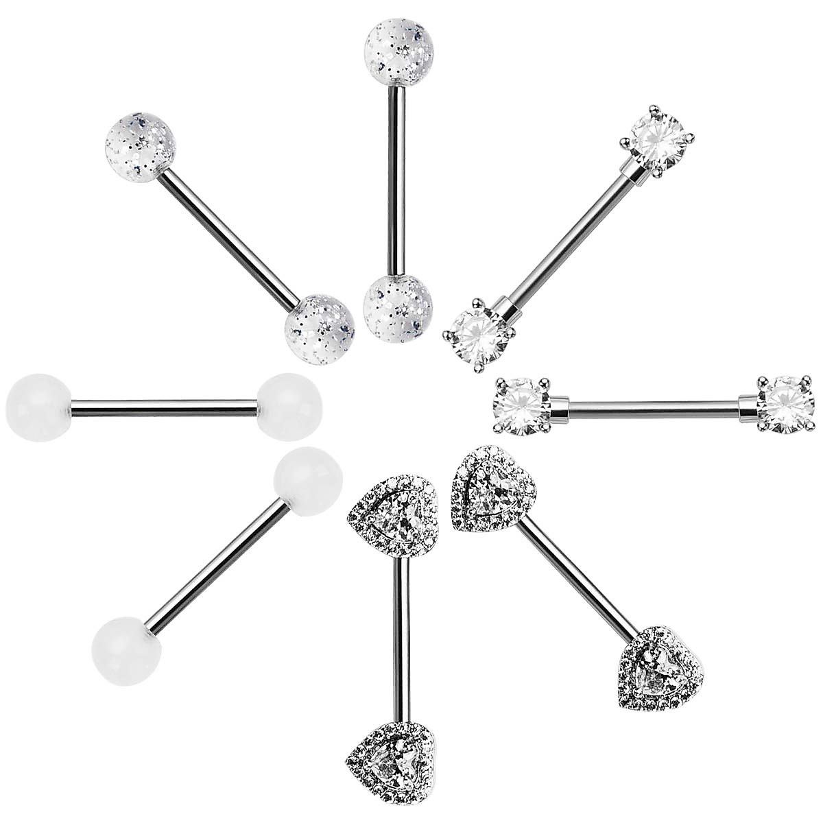 NASAMA Stainless Steel Acrylic Nipple Rings Tongue Ring CZ Barbell Heart-Shape Piercing Body Jewelry (6pair Steel color)