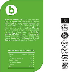 b Organic Wheatgrass Powder, for Detox & Immunity Support, Superfood, Vegan, Rich in Fibers, Chlorophyll, Minerals, Gluten-Free, Raw, 1lb