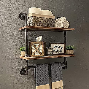 Industrial Pipe Shelving,Iron Pipe Shelves Industrial Bathroom Shelves with Towel bar,24in Rustic Metal Pipe Floating Shelves Pipe Wall Shelf,2 Tier Industrial Shelf Wall Mounted,Retro Brown