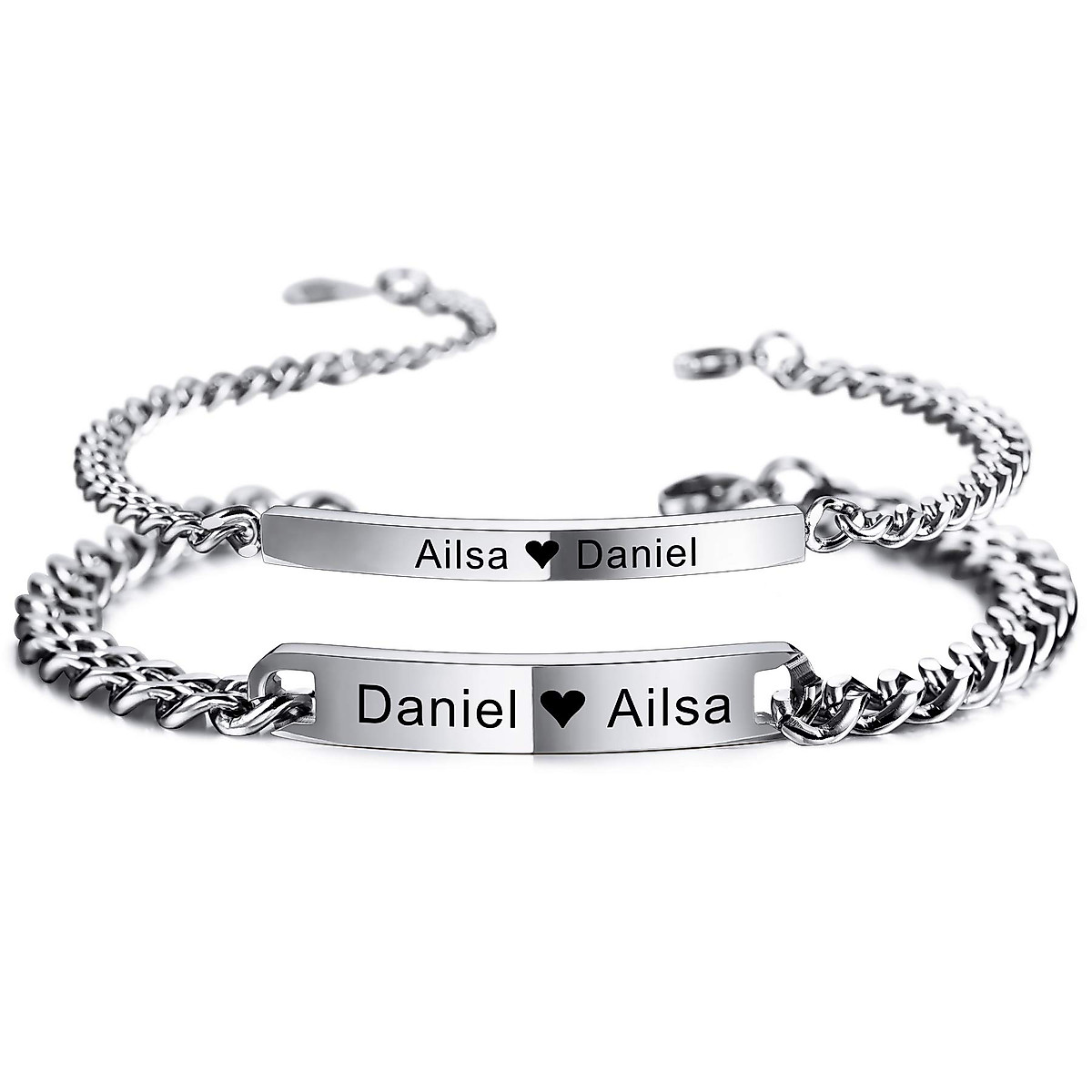MeMeDIY 2 Pcs Personalized Couple Bracelets Set Custom Engraving Name/Date/Coordinates for Boyfriend Girlfriend Stainless Steel Adjustable Love Matching Relationship Valentine's Gift(Silver Color)