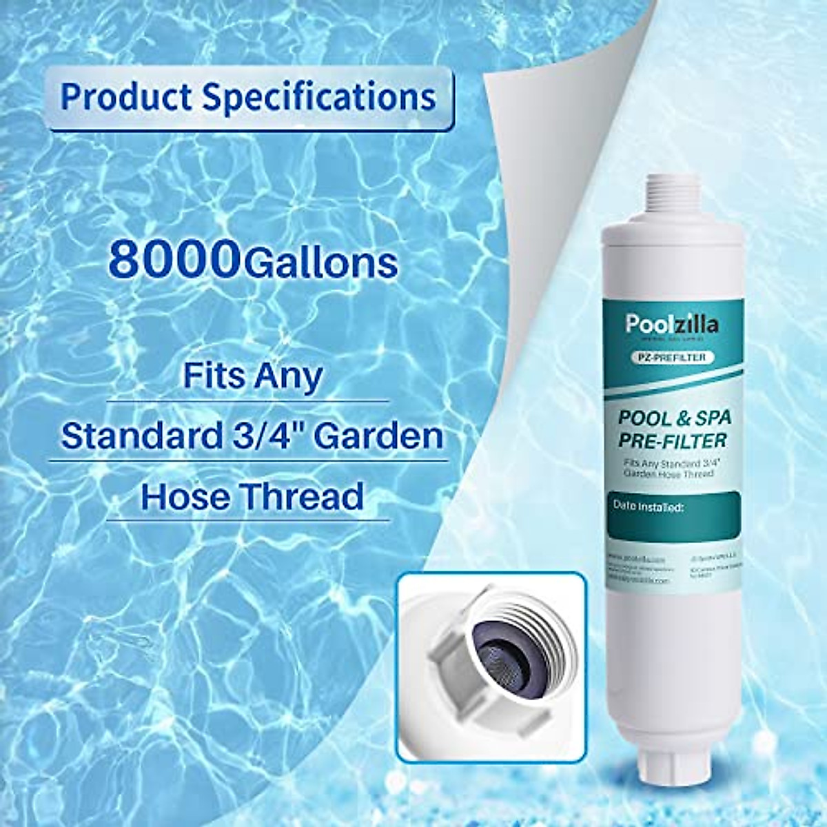 Poolzilla Prefilter 1-Pack for Pools, Spas, & Hot Tubs, Attaches to Standard Garden Hoses with 3/4" Threads, Reduces Metals, Odors, and Chlorine Up to 8,000 Gallons