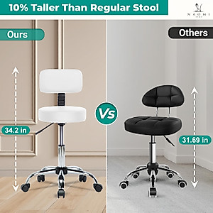 Naomi Home Mara Adjustable Stool with Wheels and Backrest, Office Rolling Stools with Wheels, PU Leather Drafting Stools,Swivel Stool with Back Rest, Small Rolling Chair, White