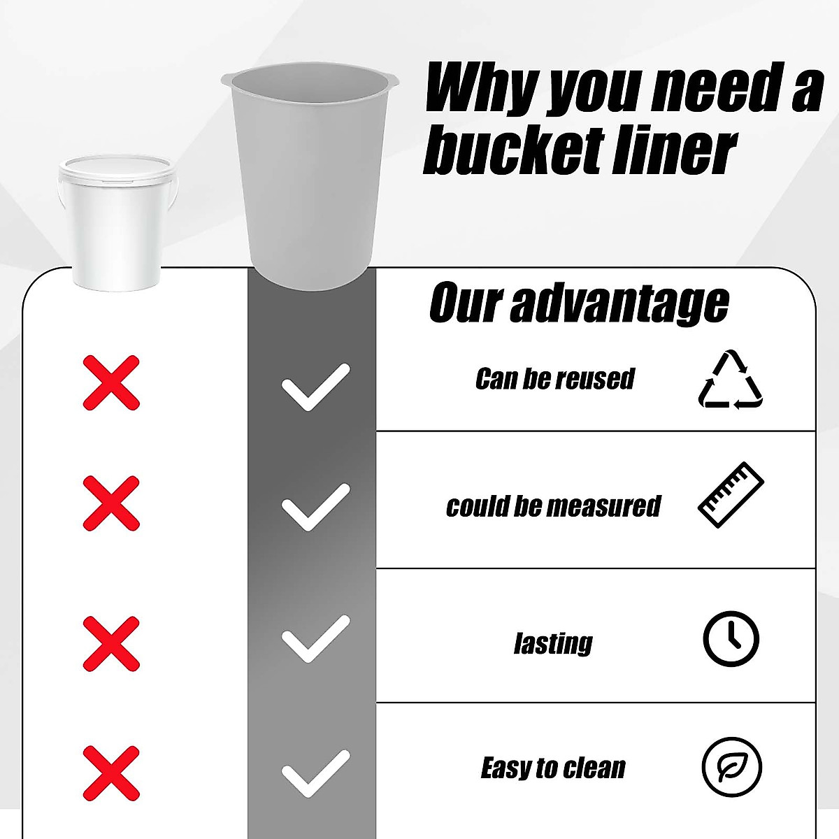 5 Gallon Bucket Liner, Silicone Rubber Bucket Saver Reusable Bucket Lining with Graduated Measurement for Concrete Paint Mix and Thinset (Grey)